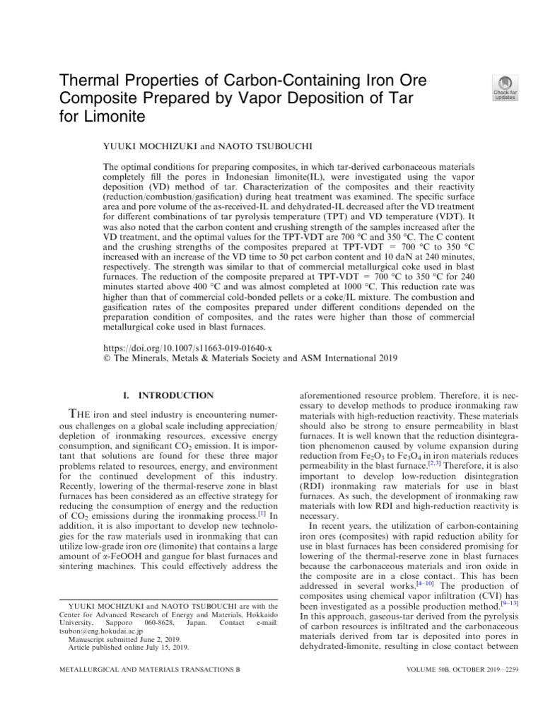 Thermal Properties of Carbon-Containing Iron Ore Composite Prepared by Vapor Deposition of Tar ...