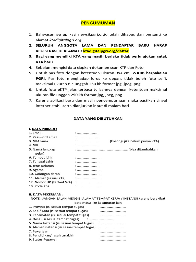 Data Yang Dibutuhkan Kta Digital Pgri | PDF | Karier & Perkembangan | Game & Aktivitas