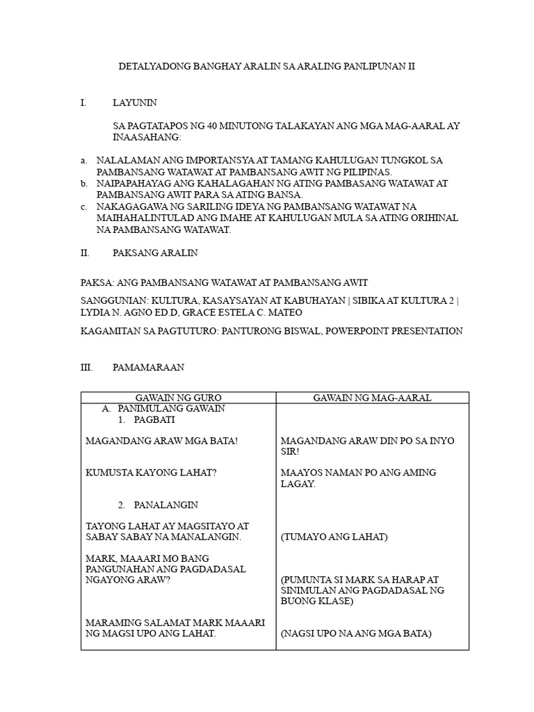 Detalyadong Banghay Aralin Sa Araling Panlipunan | PDF