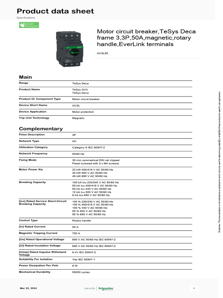 Schneider Electric - TeSys-GV3-Motor-Starter-Protectors - GV3L50 | PDF ...
