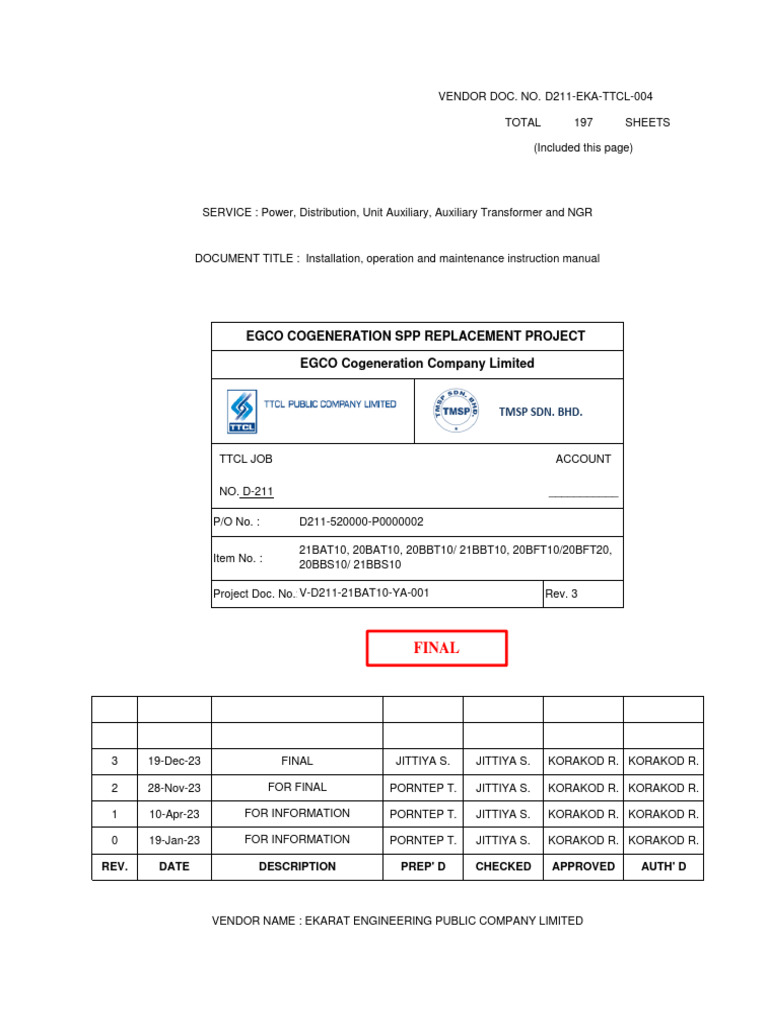 V-D211-21BAT10-YA-001 - 3 - Installation, Operation and Maintenance ...
