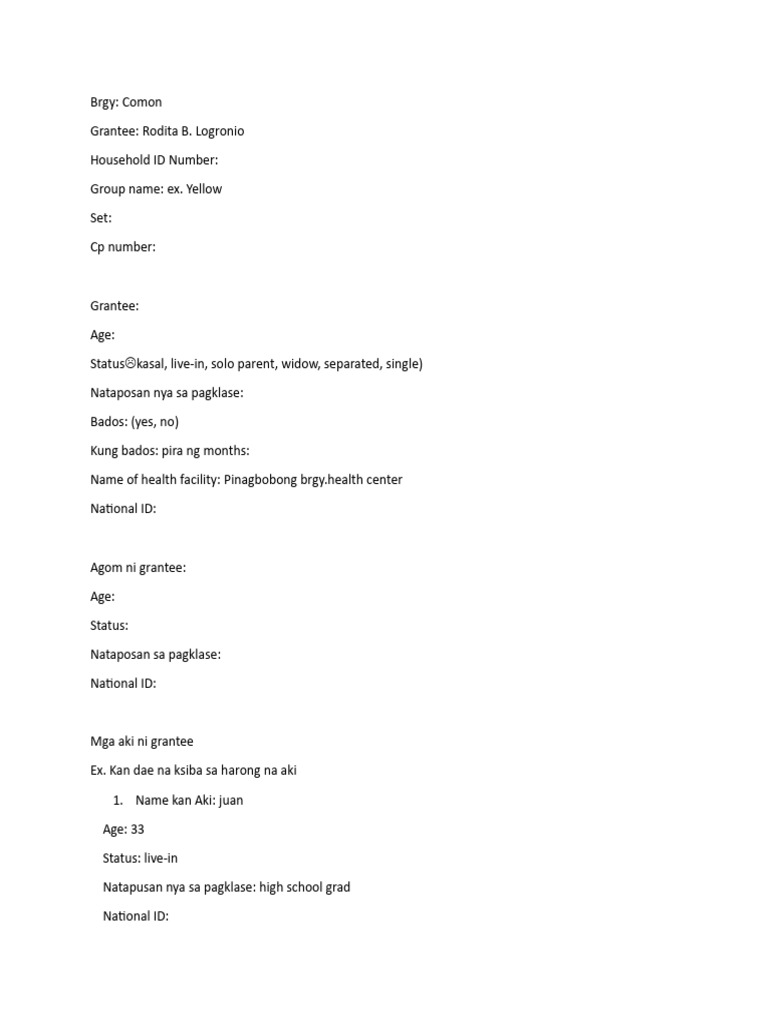 Household Data Collection Form | PDF | Wellness | Lifestyle