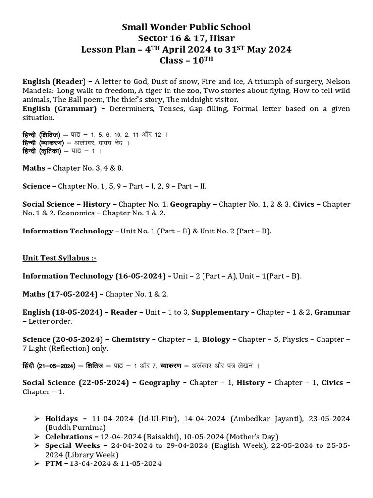 Class 10 Lesson Plan April-May 2024 | PDF | Science & Mathematics ...