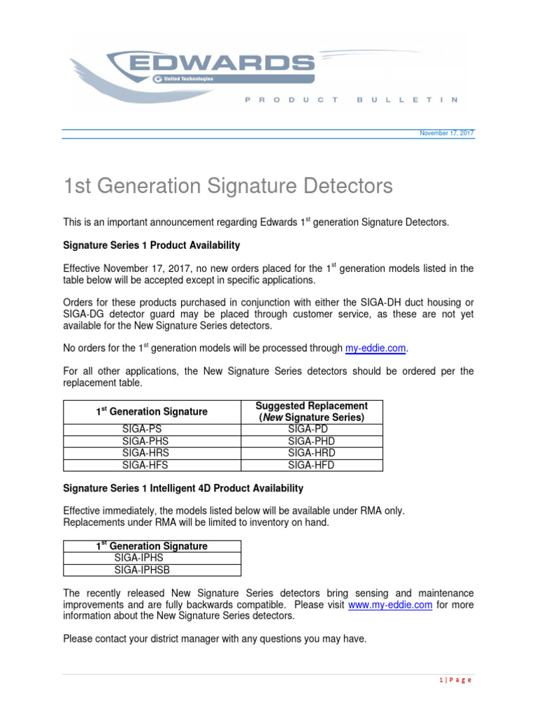 Edwards Product Bulletin-1st Generation Signature Discontinued | PDF