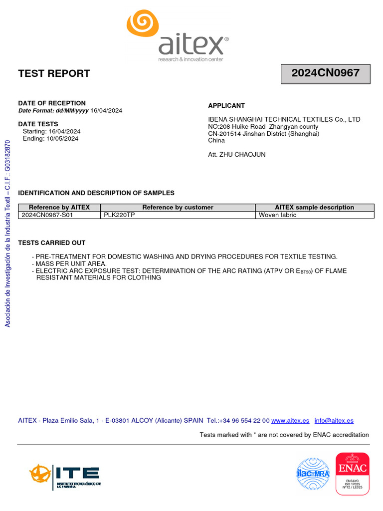 AITEX Electric Arc Test Report 2024 | PDF | Electric Arc | Textiles