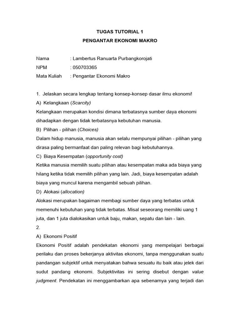 Tugas Tutorial 1 Pengantar Ekonomi Makro | PDF | Bisnis | Ilmu Sosial