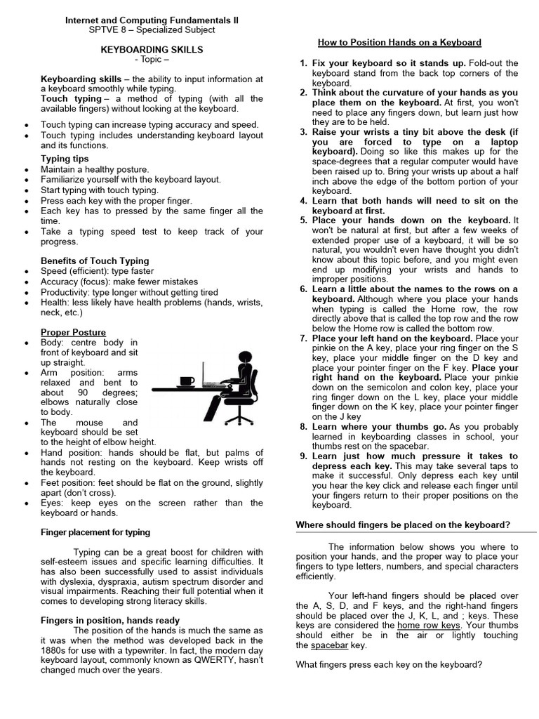 Keyboarding Skills - Icf 8 | PDF | Computer Keyboard | Hand