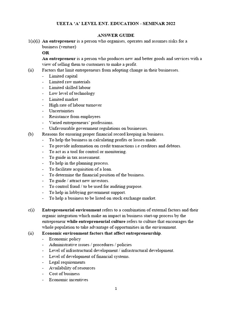 Ueeta A' Level Entrepreneurship Education Answer Guides For Seminar ...
