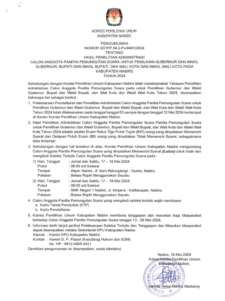 Pengumuman Hasil Penelitian Administrasi Calon PPS Pilkada 2024 | PDF