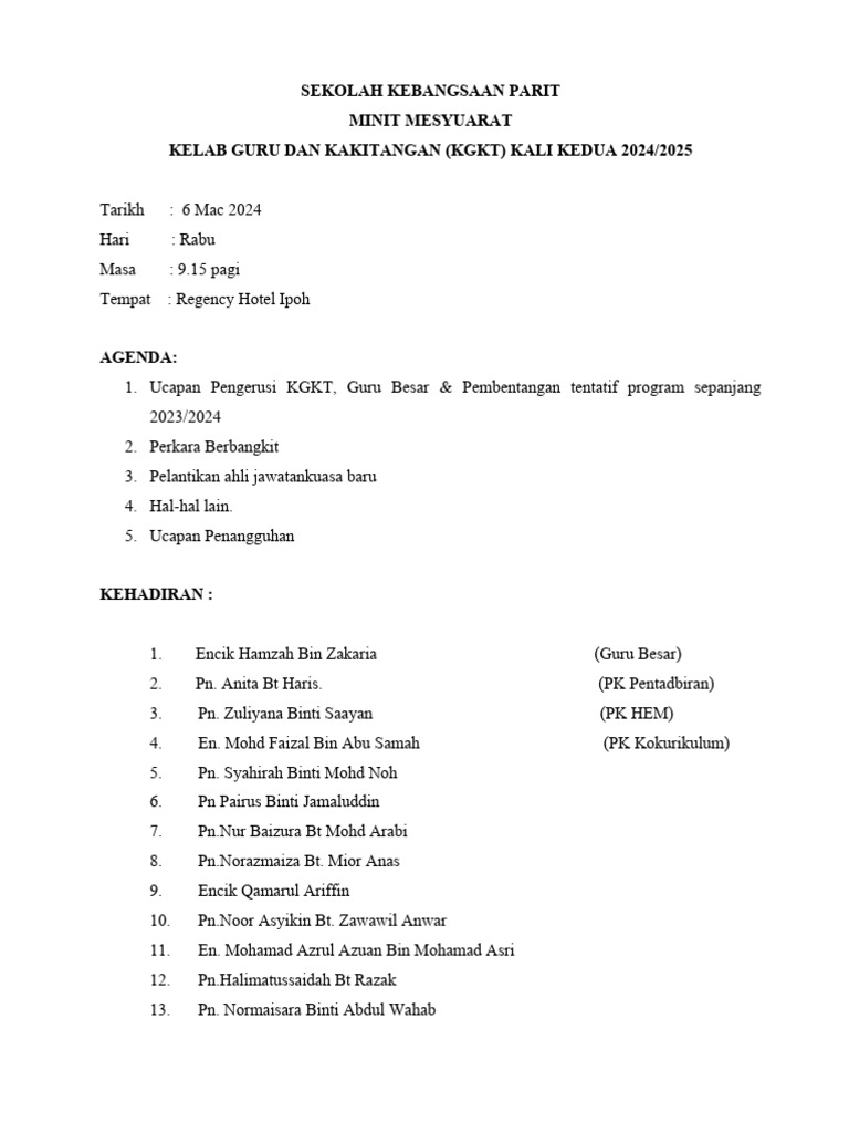Minit Mesyuarat KGKT Bil 1 2024 - 2025 | PDF