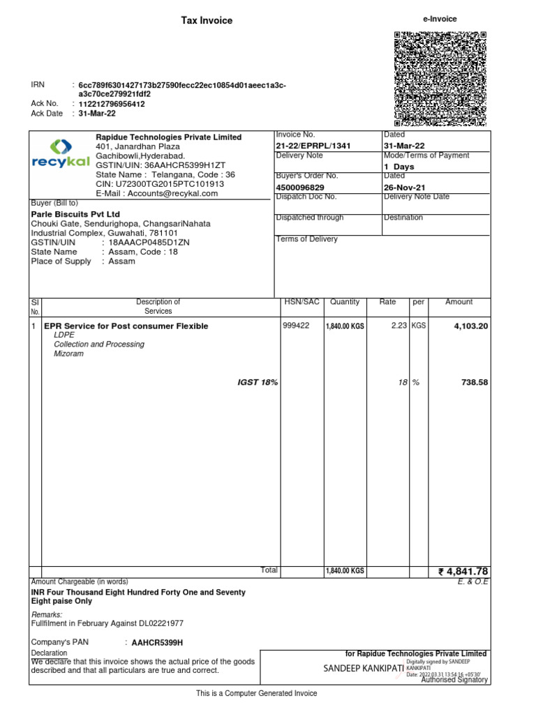 Tax Invoice for EPR Services - Rapidue Technologies | PDF | Government ...