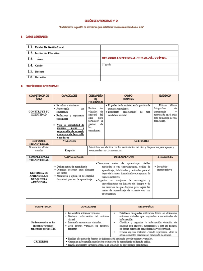 Sesión de Aprendizaje 5° Grado | PDF | Aprendizaje | Las emociones