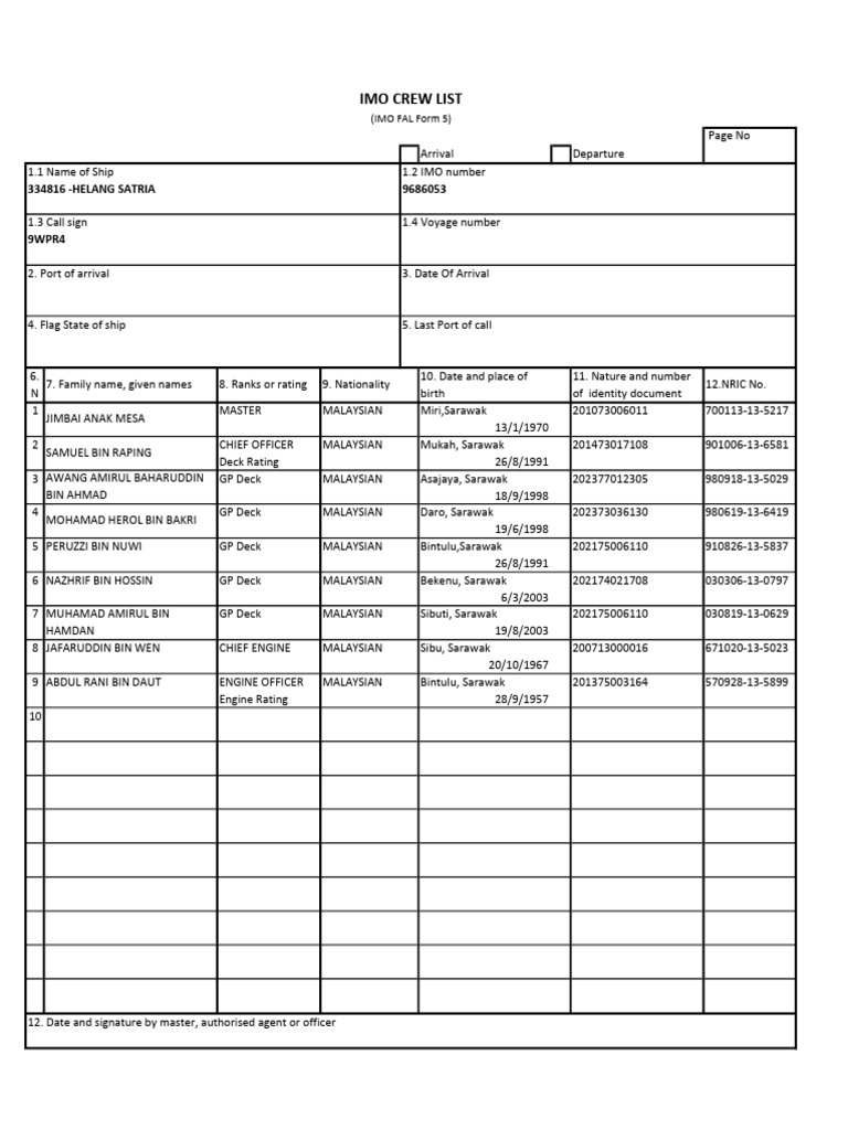 IMO Crew List for Helang Satria | PDF | Malaysia | Water Transport