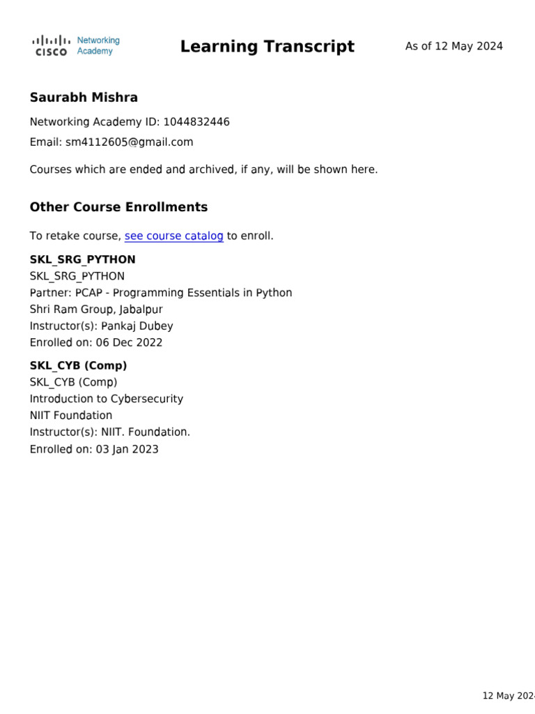 NetAcad Learning Transcript | PDF