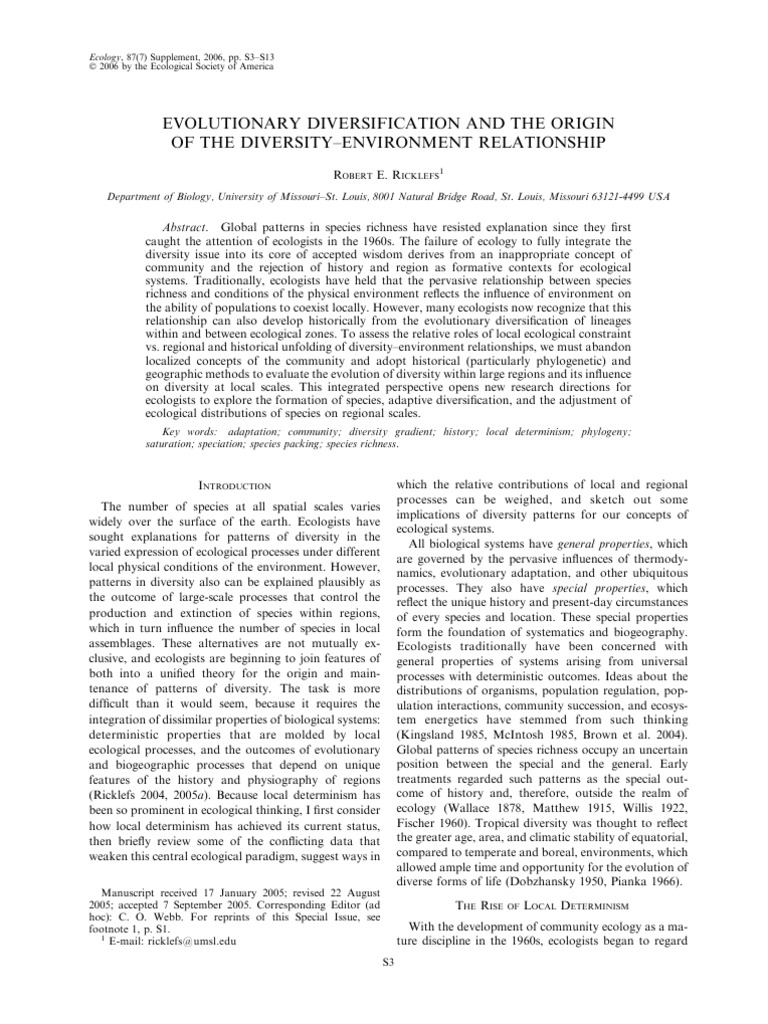 Ecology - 2006 - Ricklefs - Evolutionary Diversification and The Origin of The Diversity ...