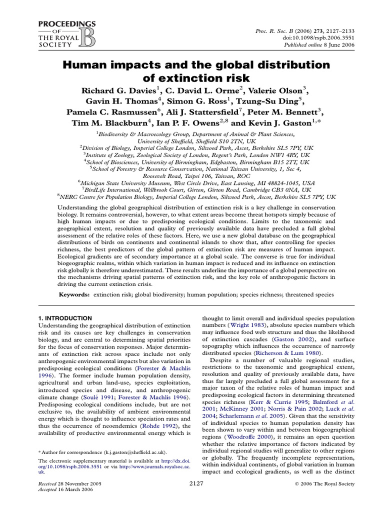 Human Impacts and The Global Istribuiton of Extinction Risk 2006 ...