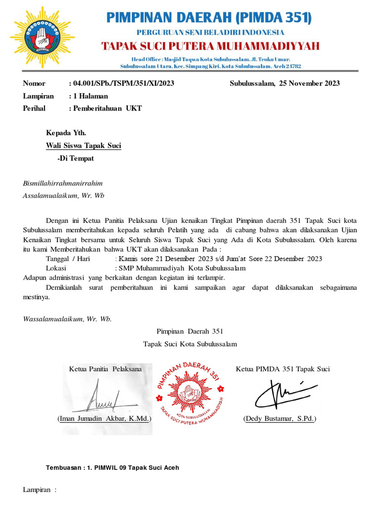 CONTOH Surat Pemberitahuan UKT (Ujian Kenaikan Tingkat) Ke Wali Siswa | PDF