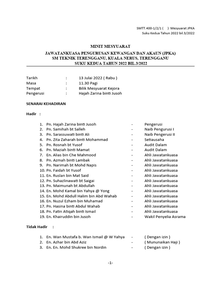 Contoh Minit Mesyuarat Jpka Kew. Suku Tahun Kedua 2022 | PDF