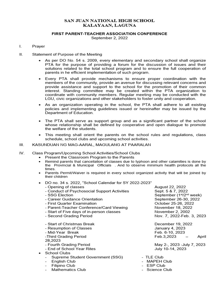 Agenda Pta Meeting Pdf Schools