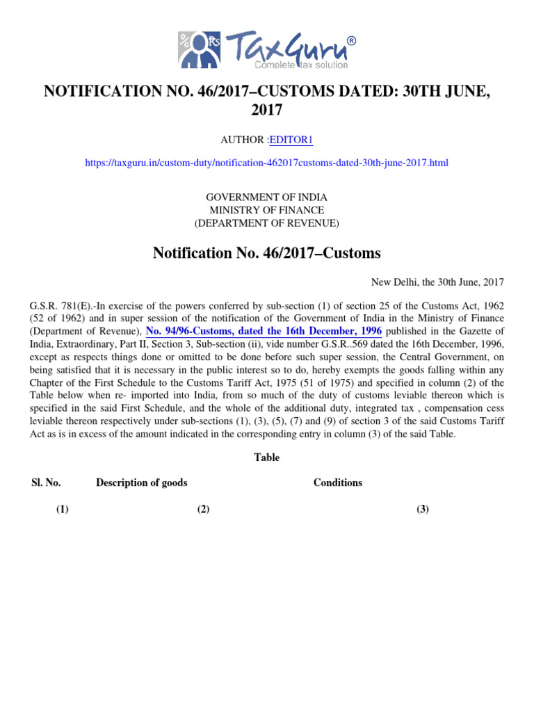 Customs Duty Exemption Notification 2017 | PDF | Excise | Taxation