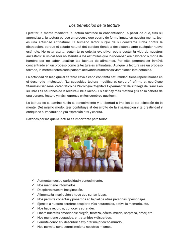 Los Beneficios de La Lectura | PDF | Mente | Cerebro