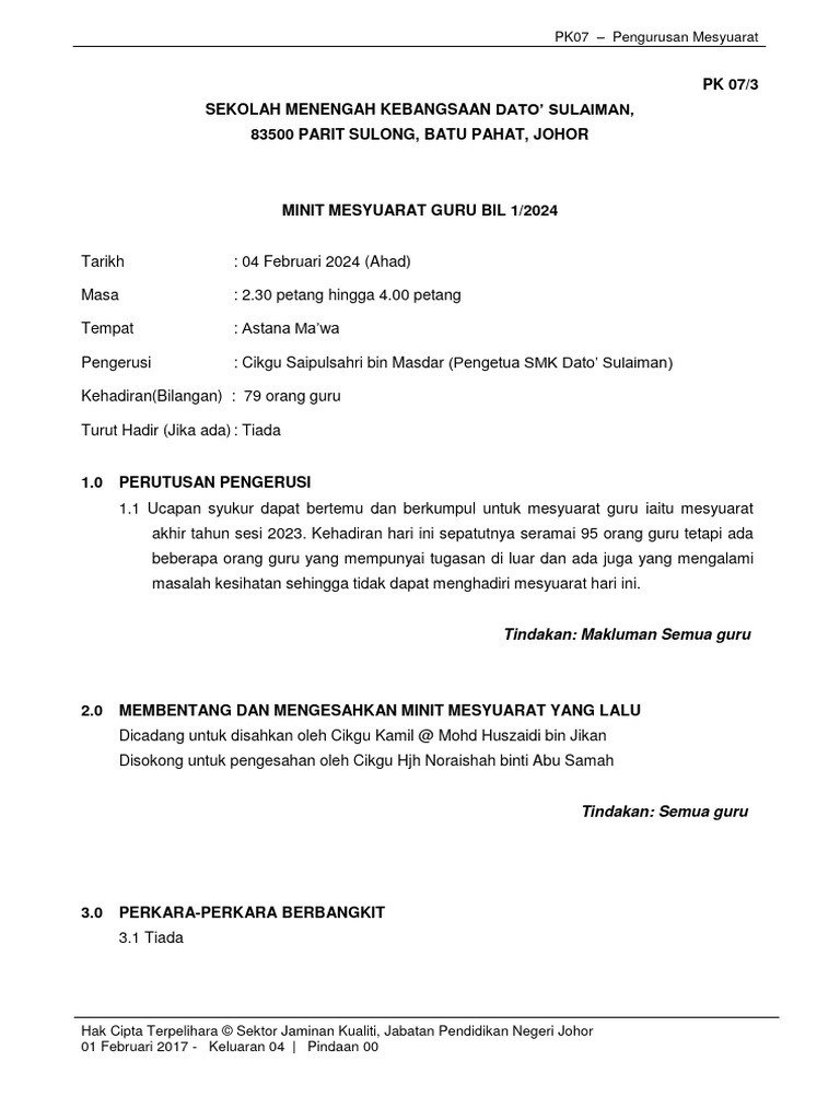 MINIT MESYUARAT Guru Bil 1 2024 | PDF