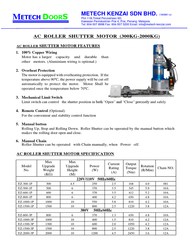AC Roller Shutter Motor Specifications | PDF | Car | Manufactured Goods