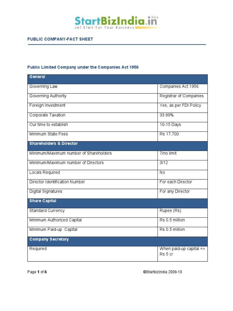 Public Company-Fact Sheet: General | PDF | Income Tax In India | Board ...