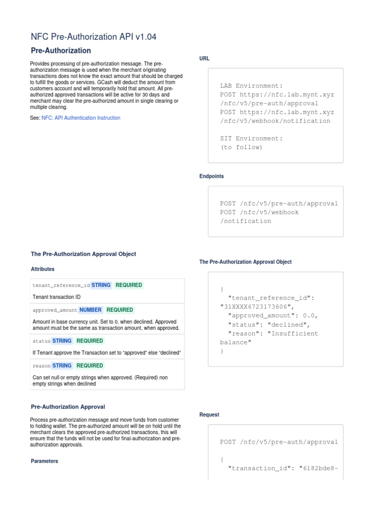 NFC Pre-Authorization API v1.04 | PDF | Currency | Computer Programming