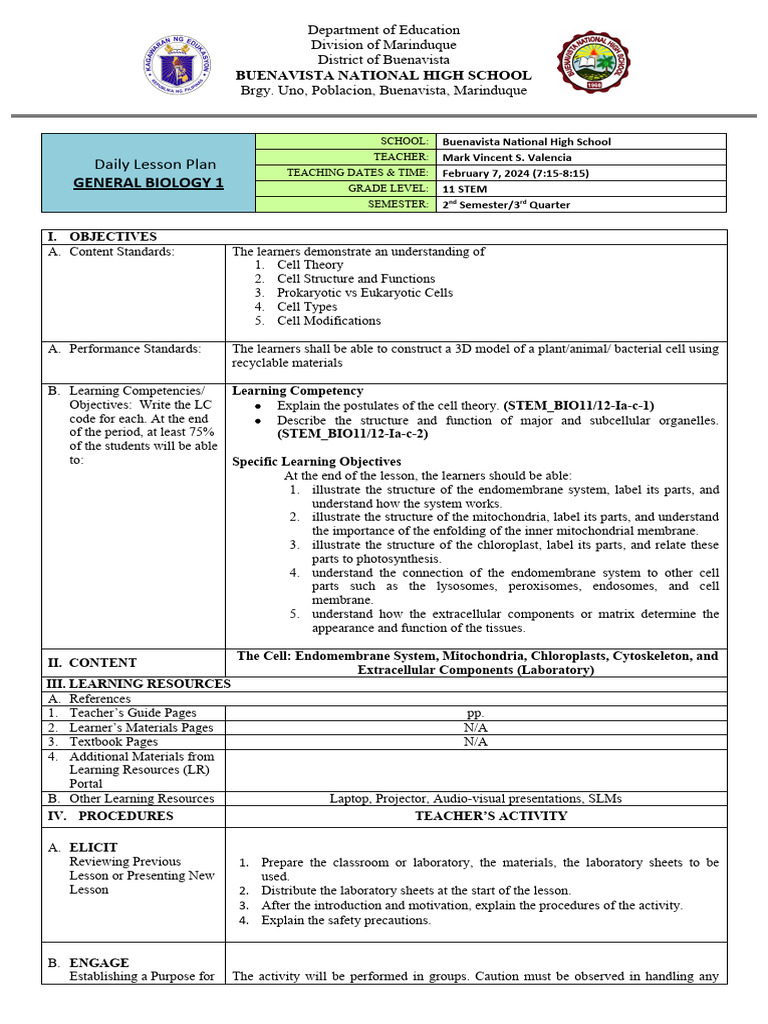 General Biology 1 Lesson Plan | PDF | Cell (Biology) | Learning