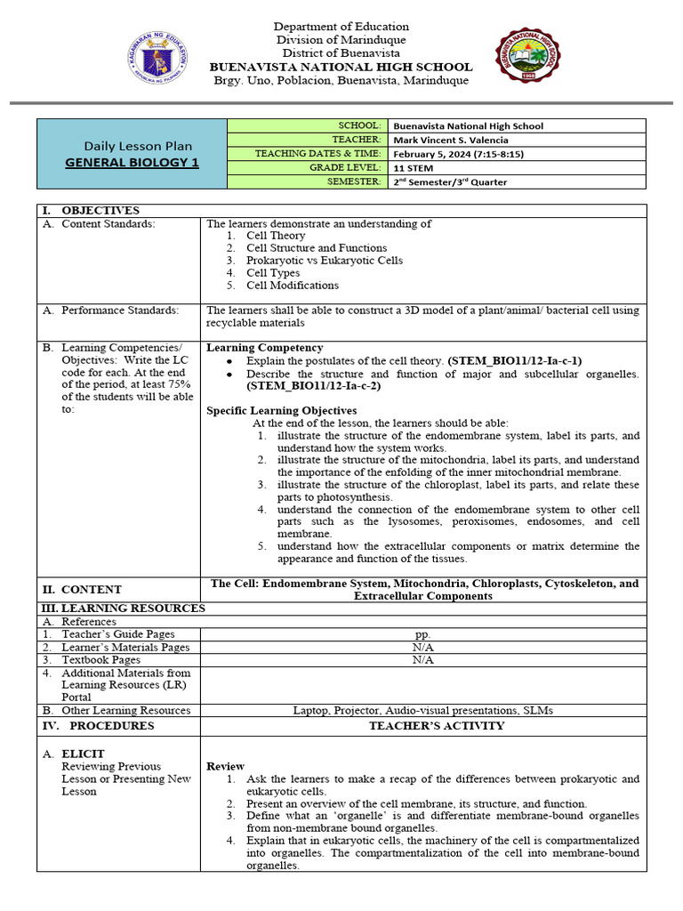 General Biology 1 Lesson Plan Week 1 | PDF | Cell (Biology) | Organelle
