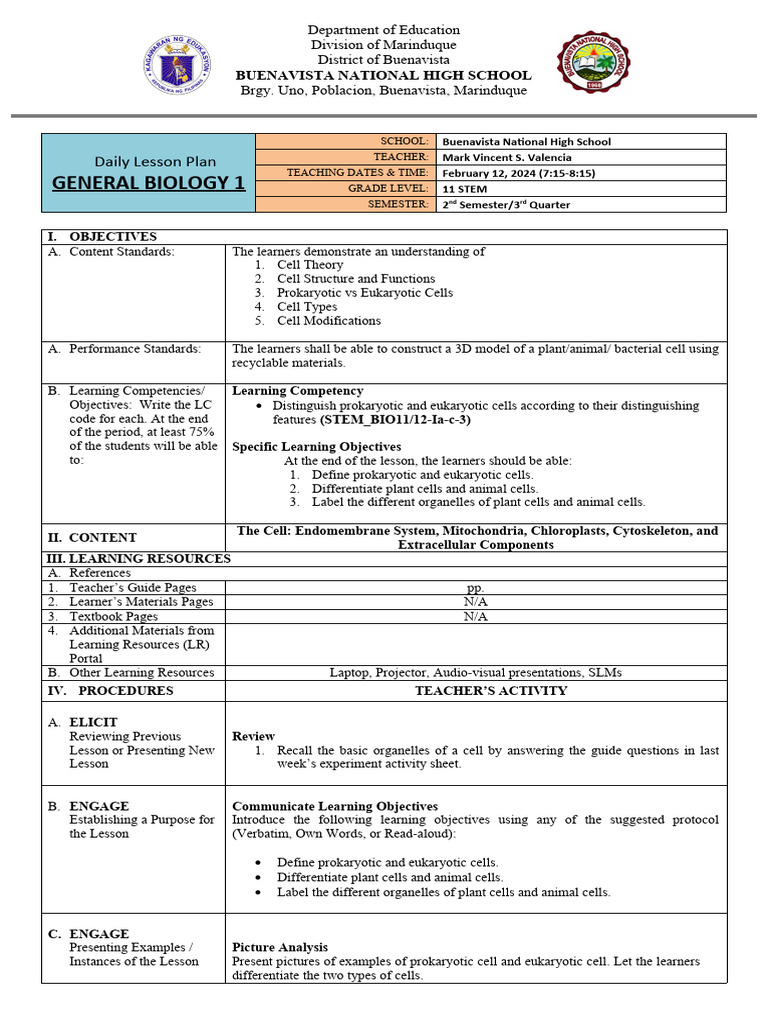 General Biology 1 Lesson Plan | PDF | Cell (Biology) | Learning