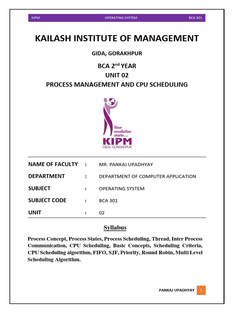 Kailash Institute of Management: Bca 2 Year Unit 02 Process Management and Cpu Scheduling ...