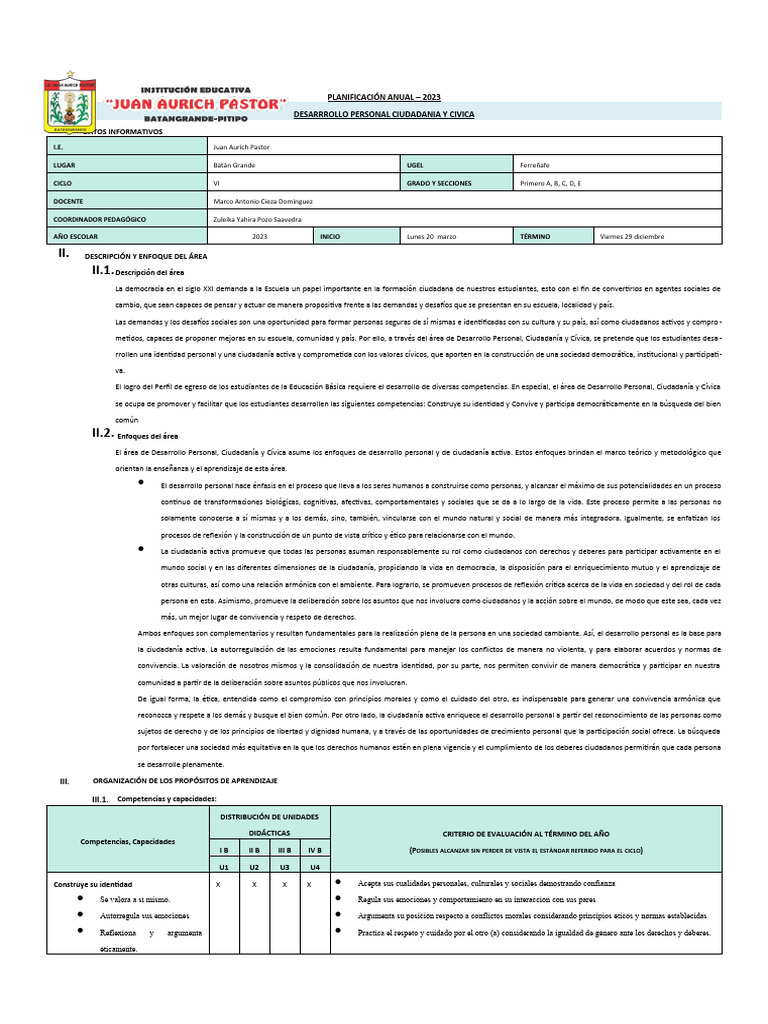 1° Plan Anual DPCC 1 sec | PDF | Evaluación | Aprendizaje