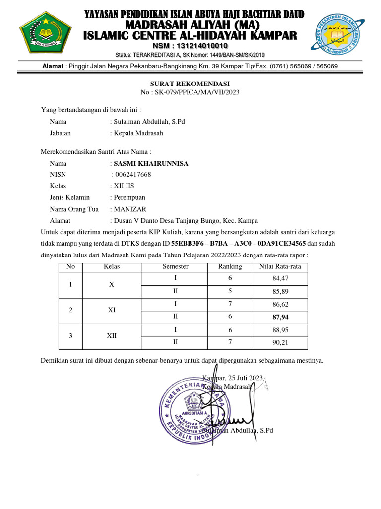 Surat Rekomendasi KIP | PDF