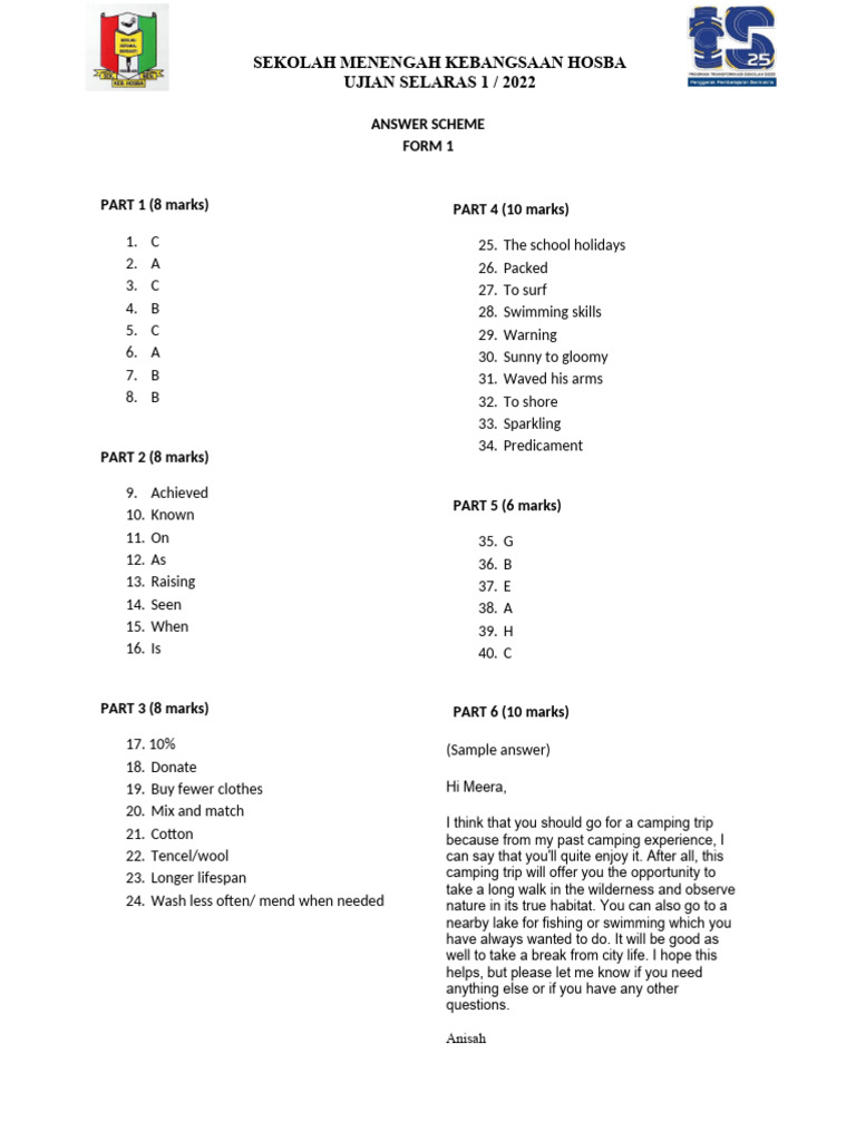 Answer Scheme Form 1 | PDF