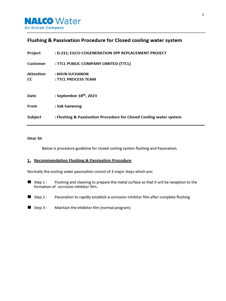 Flushing and Passivation Procedure For Closed Loop System | PDF ...