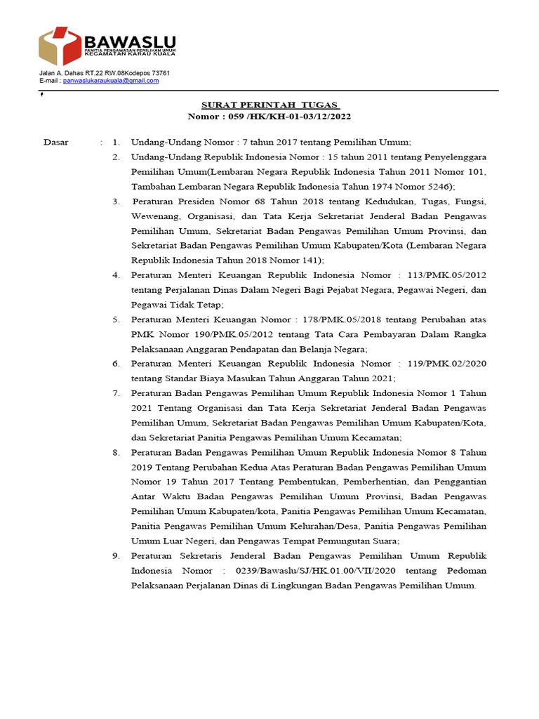 SPT Panwas KK 2022 Staf 24 Desember 2022 BNK Taher-Okka | PDF