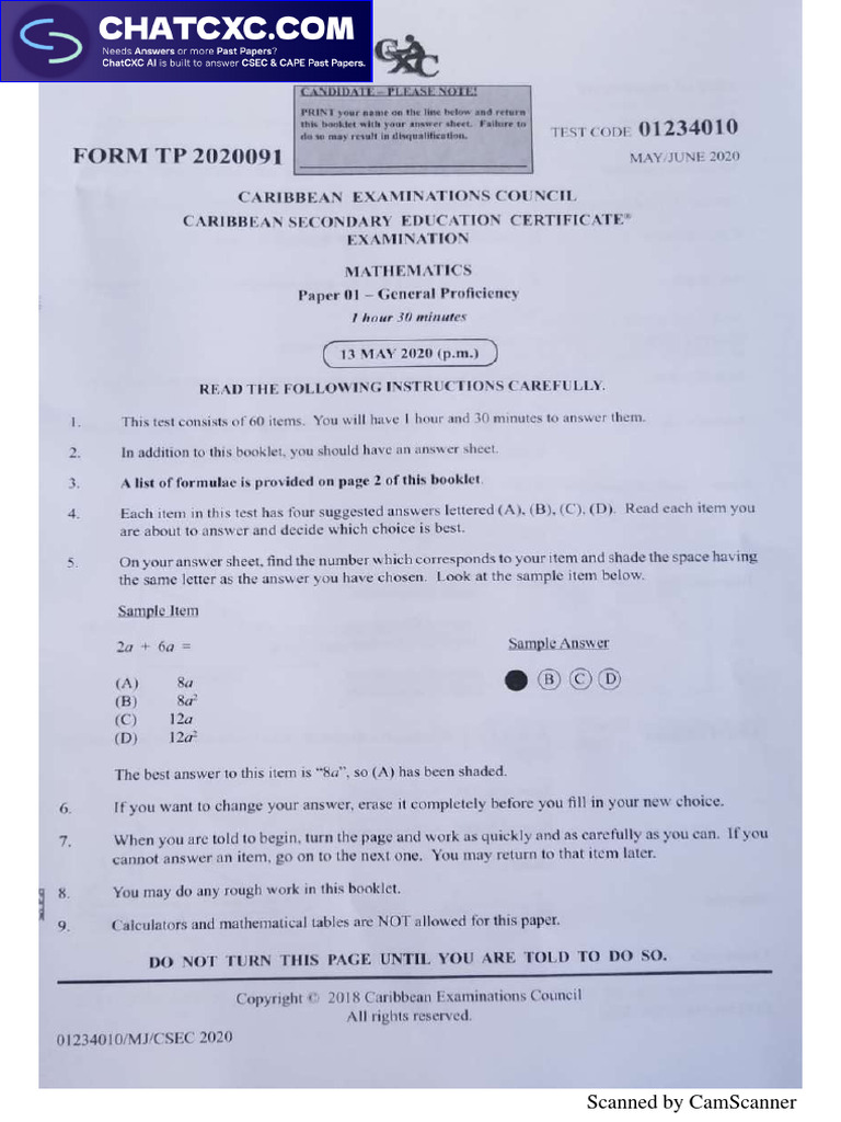 CSEC Mathematics P1 2020 | PDF