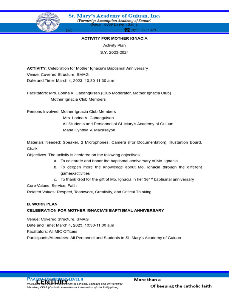 Activity Plan | PDF | Catholic Church