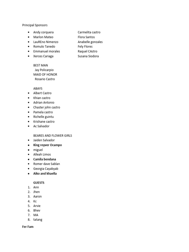 Wedding Guest List and Roles | PDF | Cooking, Food & Wine