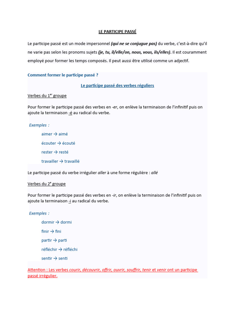 Formation du participe passé en français | PDF | Sujet (Grammaire) | Verbe