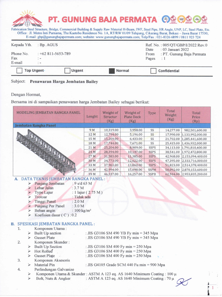 Penawaran Harga Jembatan Bailey | PDF