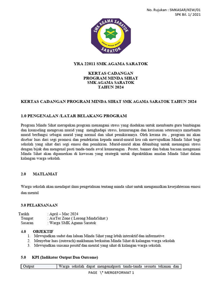 Kertas Kerja Minda Sihat | PDF