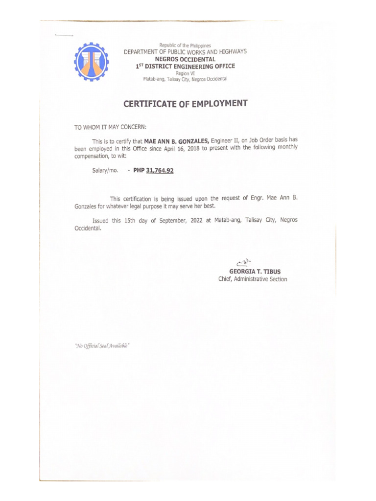 Certificate of Employment With Compensation | PDF