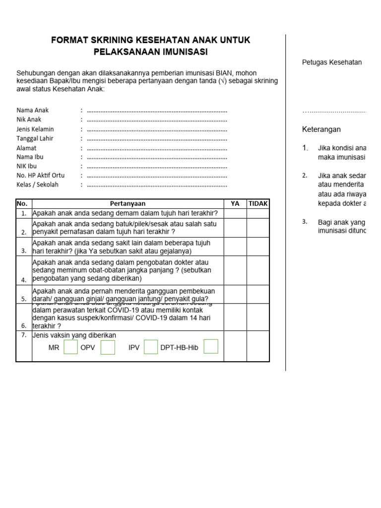 Format Skrining Kesehatan Anak 2 | PDF | Kesehatan Holistik | Sains ...