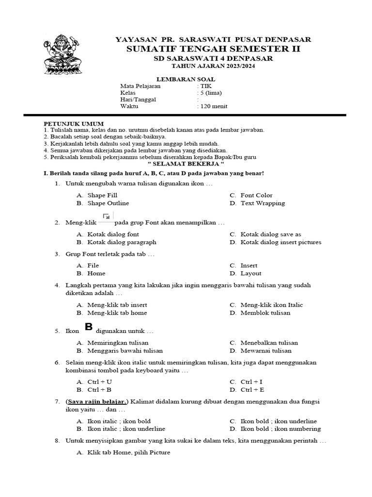 Soal PTS TIK Kls 5 SMT 2 2023 2024 | PDF
