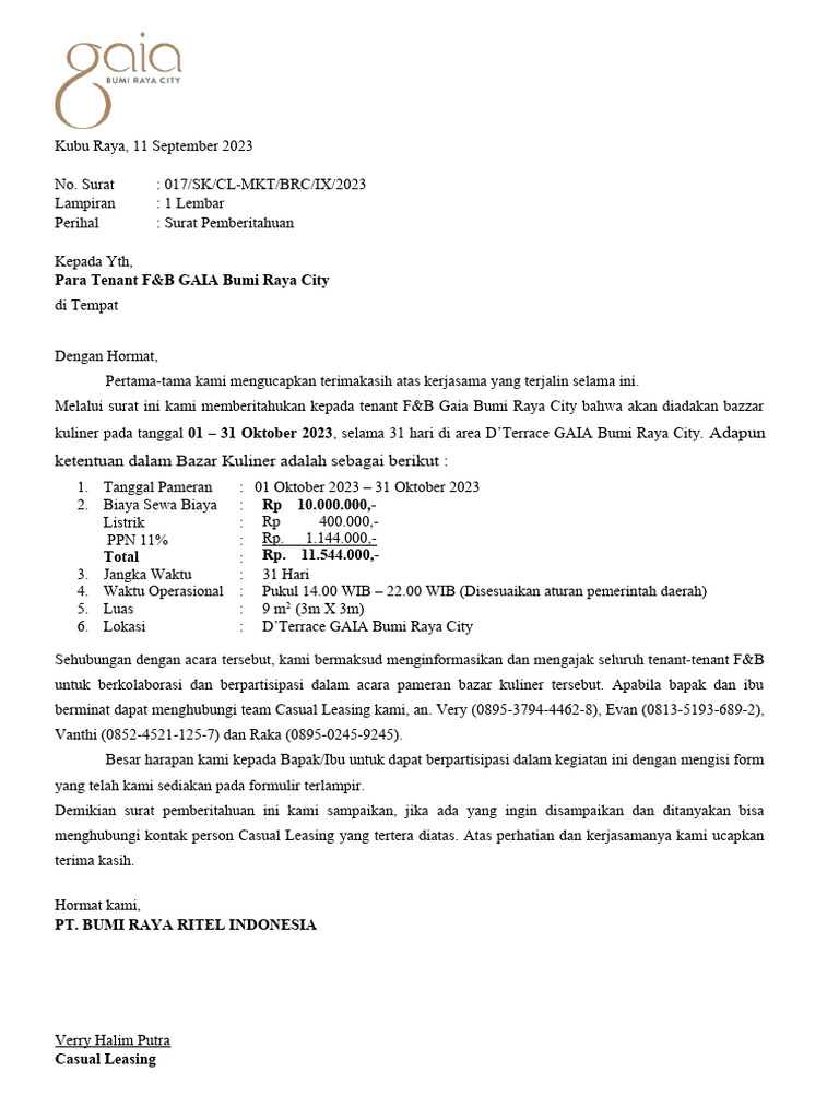 Surat Dan Form Partisipasi Bazar Kuliner GAIA Bumi Raya City Mall (Verry) | PDF