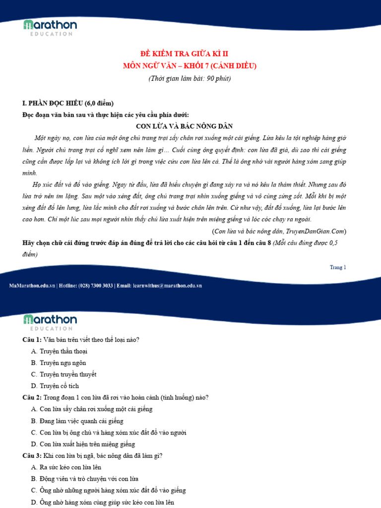 Văn 7 CD - Đề Thi Giữa HKII | PDF