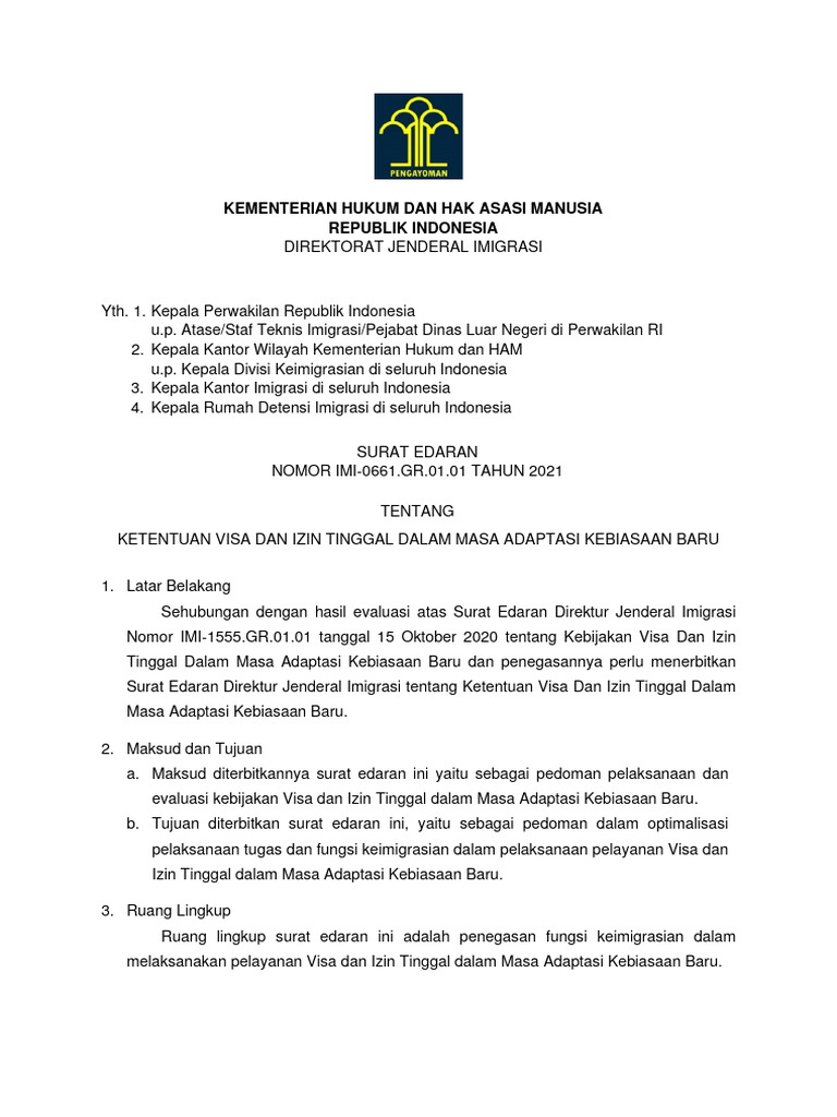 SE Dirjenim Nomor IMI-0661 GR 01 01 Tahun 2021 Tentang Ketentuan Visa Dan Izin Tinggal Dalam ...
